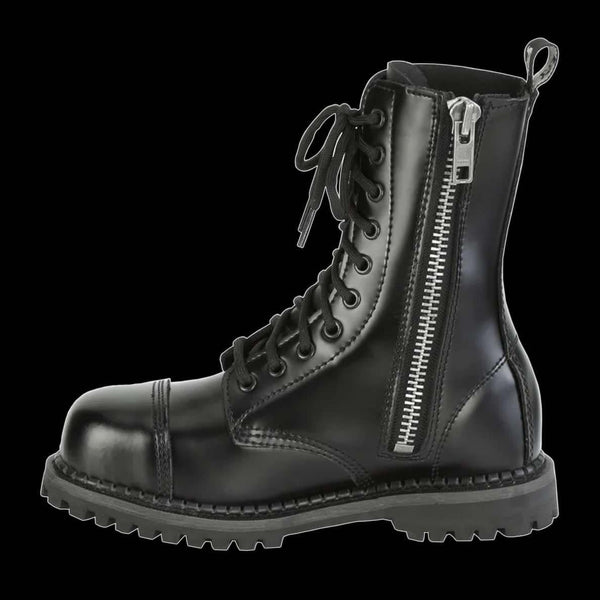 Demonia - Riot 10 Eyelet Black Steel-Toe Boot SKU number: RIOT10/BLE ...