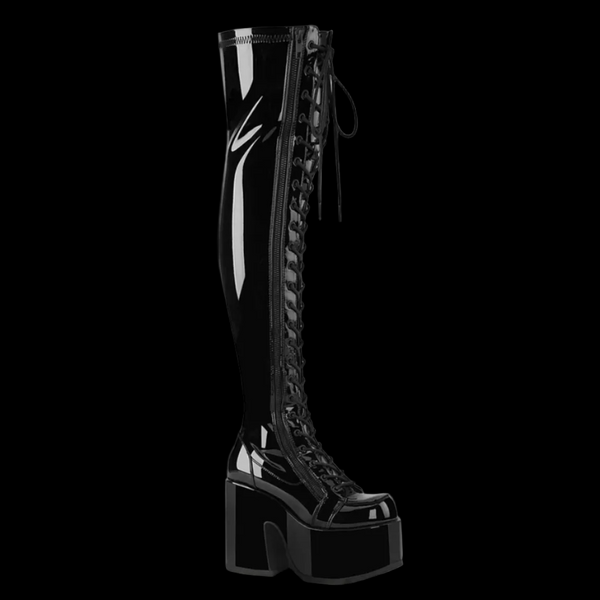 Demonia - Over the Knee Patent Camel 300 CAM300/B | Vixens and Angels